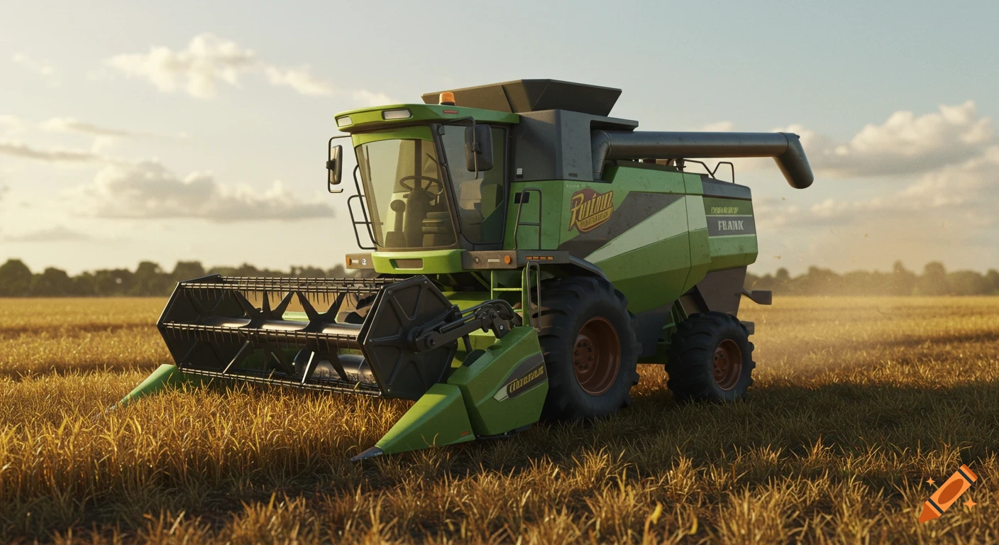 A stylized 3D rendering of a green combine harvester in a sunlit field ...