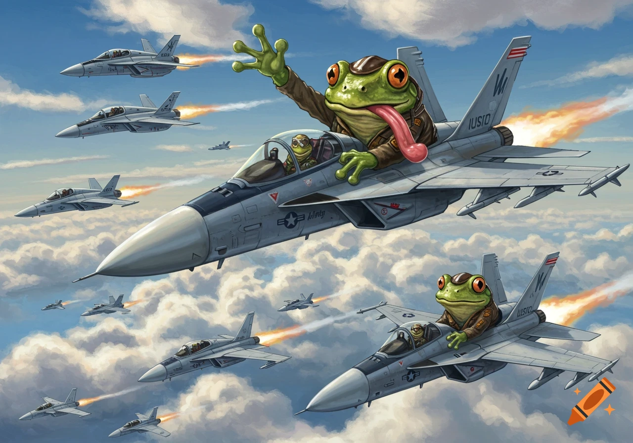 Cartoon frogs piloting fighter jets in formation through the clouds on ...