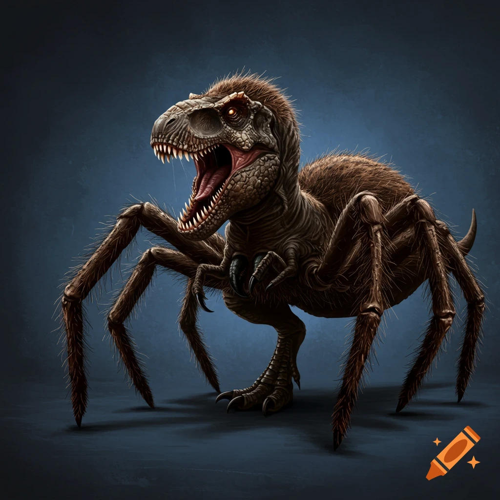 A creature with a T-Rex head and front body on a spider body with eight ...