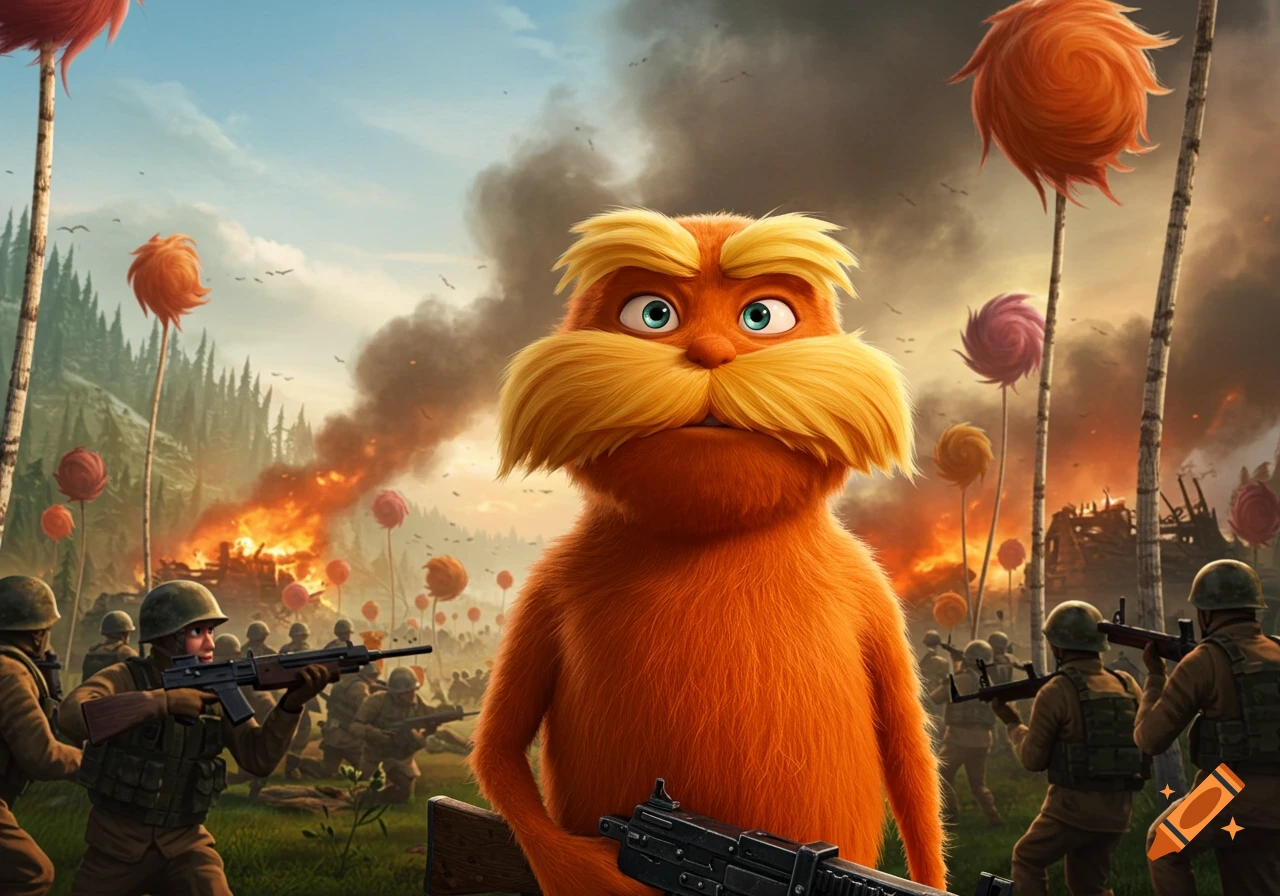 The Lorax stands with a gun in a war-torn landscape with soldiers and ...