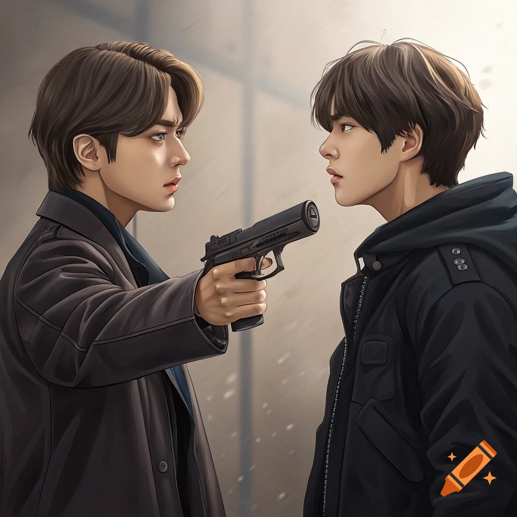 Stylized illustration of two figures facing each other, one pointing a ...