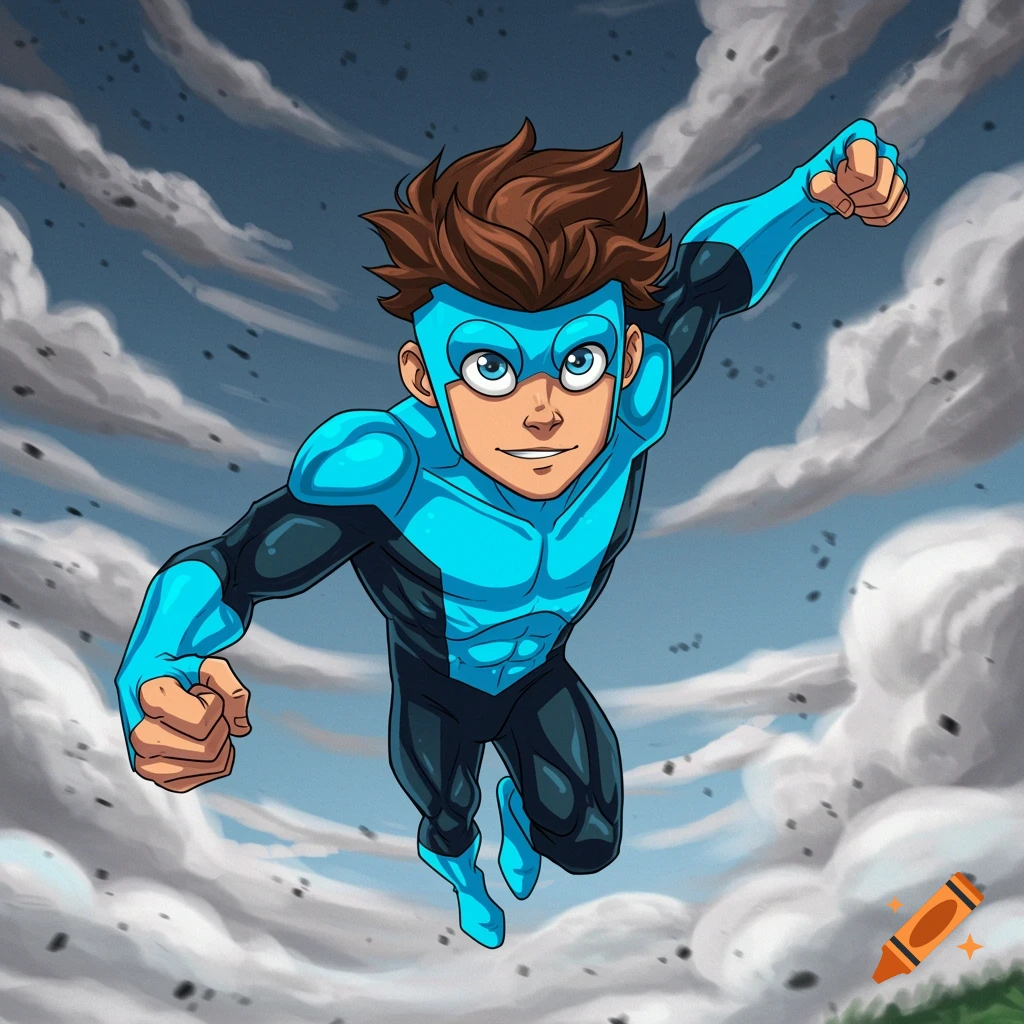 A cartoon superhero in a blue and black suit flies through a cloudy sky ...