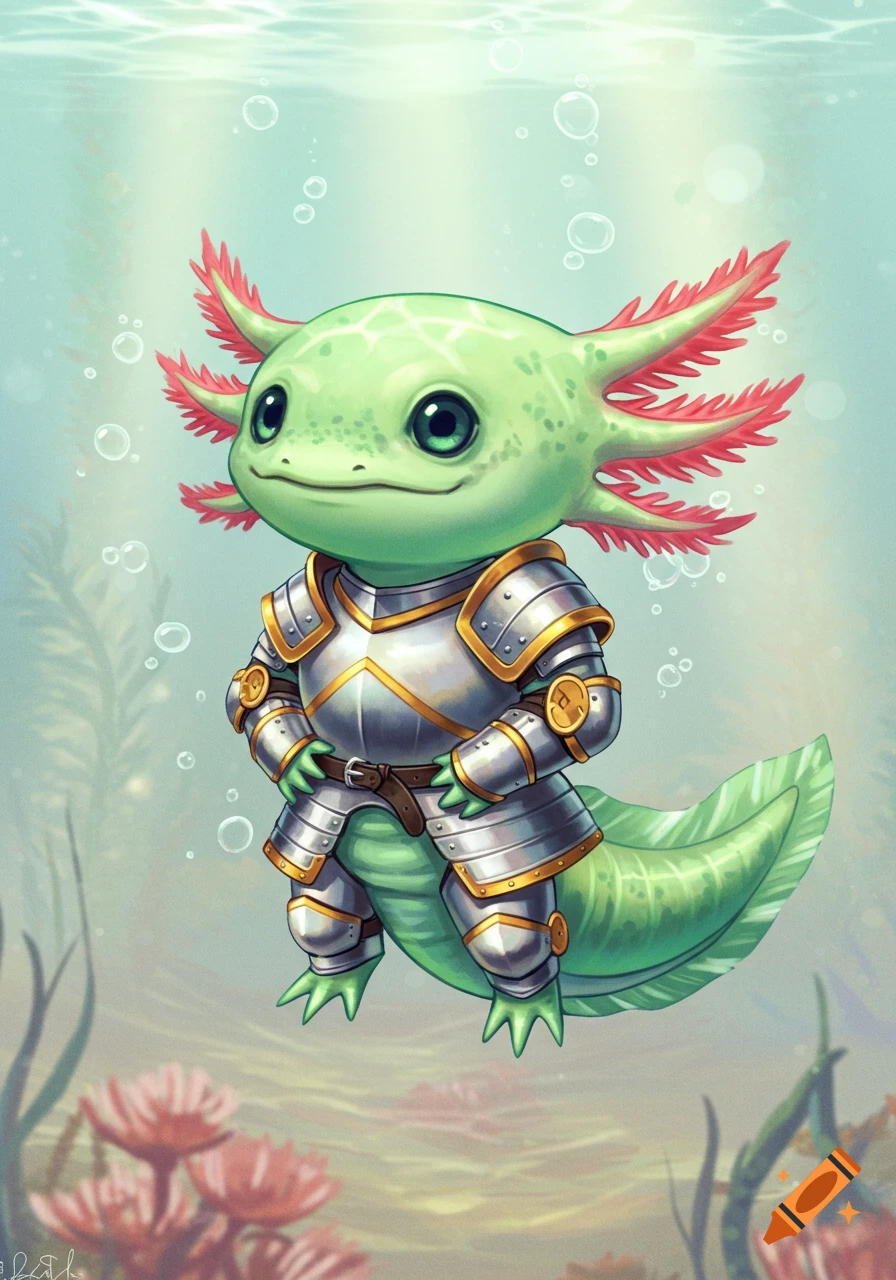 A cute green axolotl wearing silver armor underwater on Craiyon
