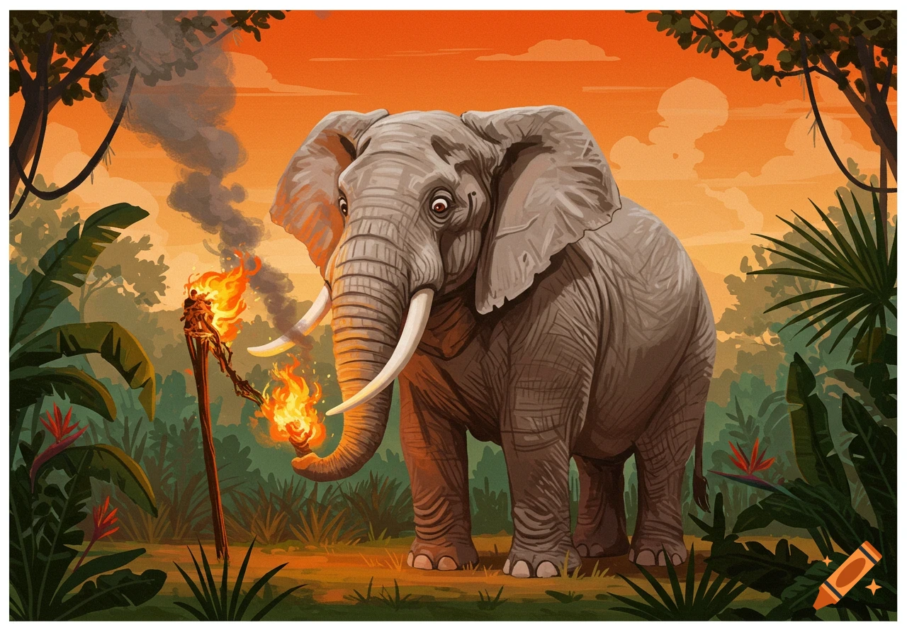 An elephant in a jungle touches a burning torch with its trunk under an ...