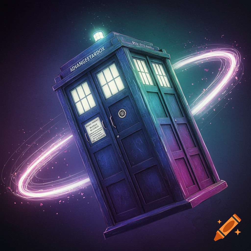 A stylized blue police box (TARDIS) floats in space with bright purple ...
