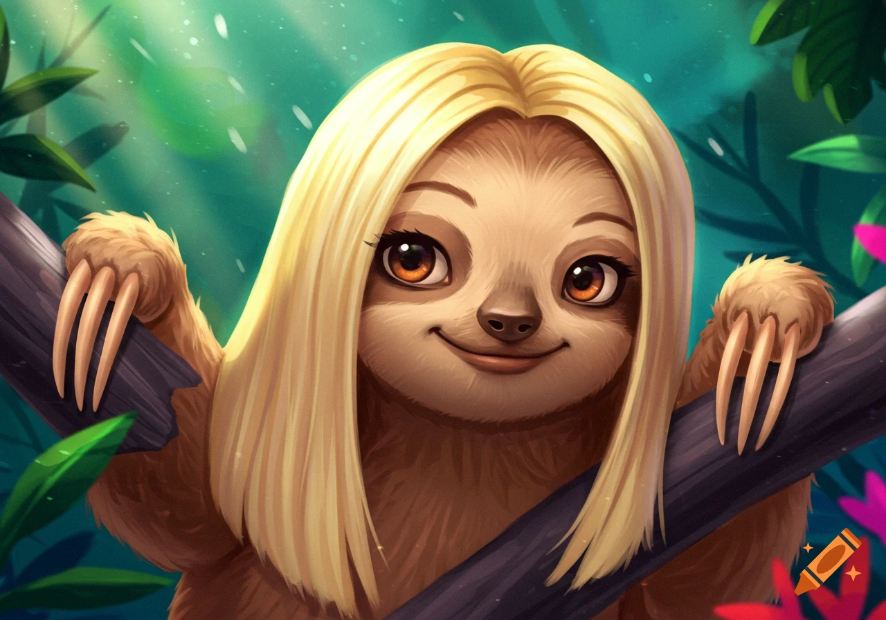 Cartoon illustration of a funny sloth with blonde hair hanging from a ...