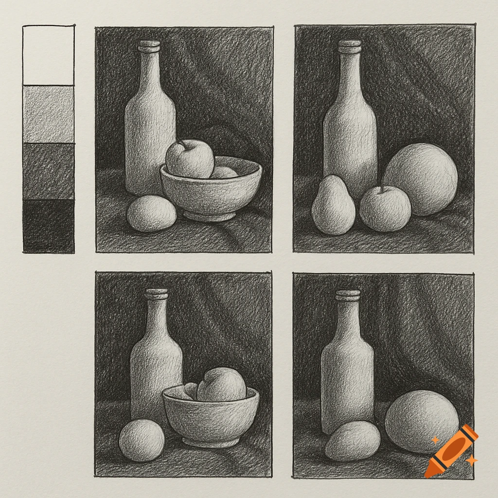Pencil sketches of still life studies with bottles, bowls, and fruit ...