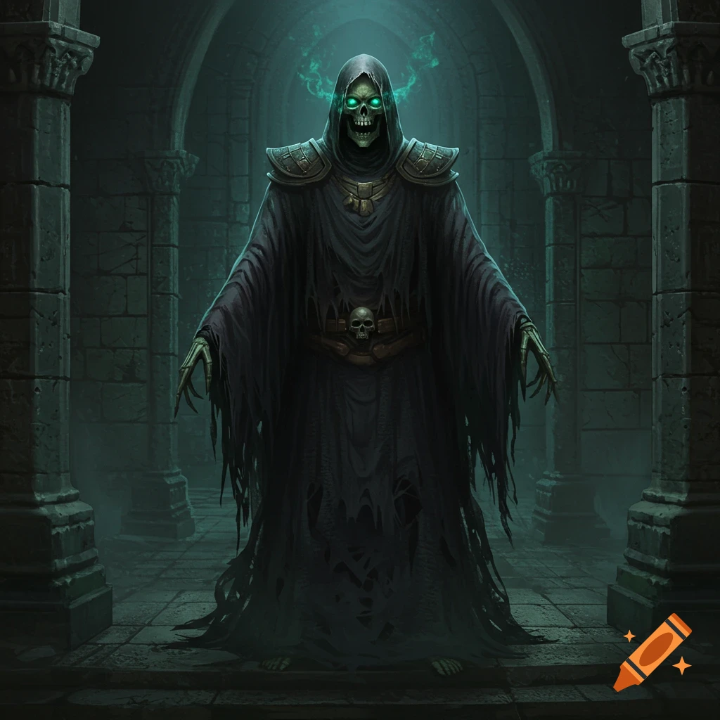 A skeletal lich in dark robes with glowing green eyes stands in a stone ...