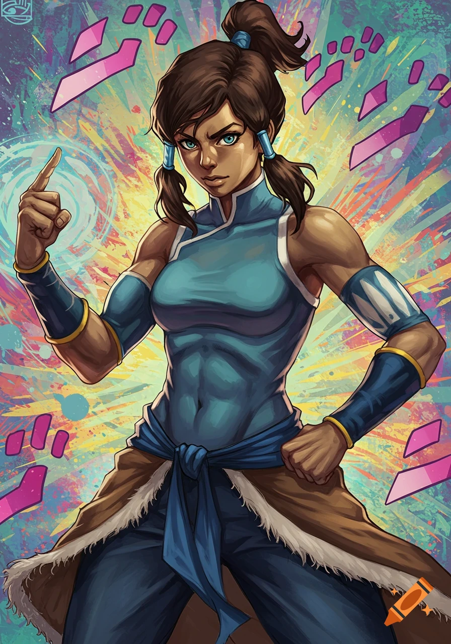 Korra stands in a dynamic pose with a pointing finger against a ...