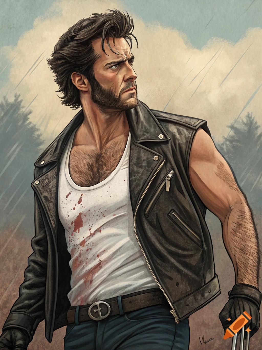 Comic book style portrait of a man resembling Wolverine in a tank top ...