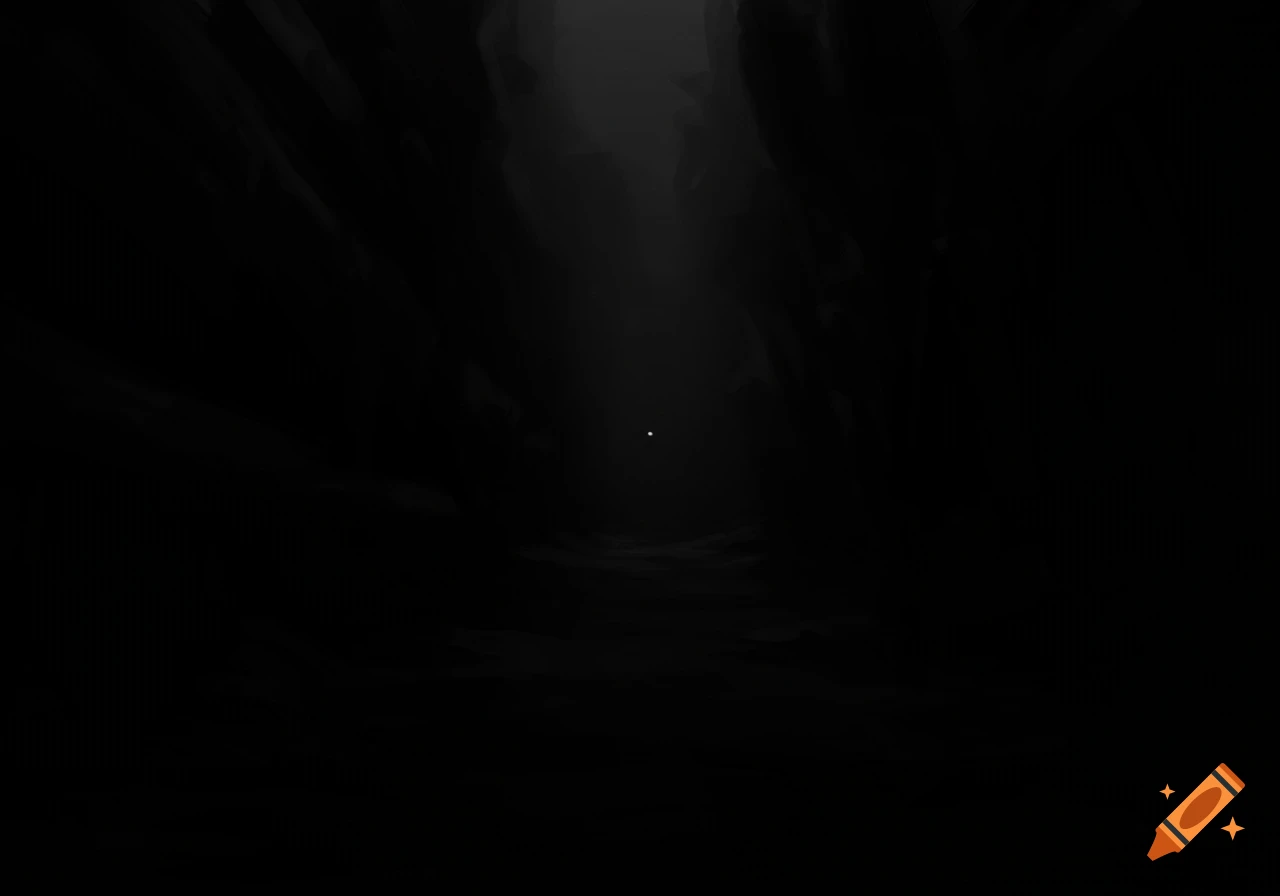 A first-person view looking into deep darkness with a single point of ...