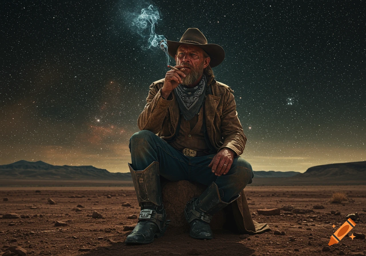 A rugged space cowboy sits in a desert under a starry sky, smoking. on ...