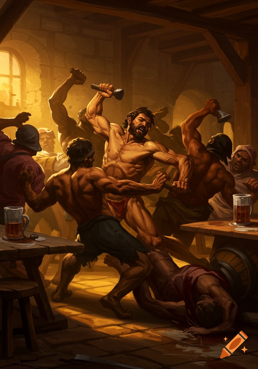 A group of men brawl in a dimly lit tavern in a dramatic art style. on ...