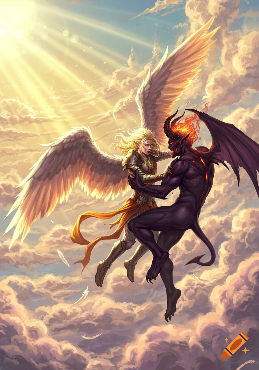 Fantasy illustration of an angel and a demon fighting in the sky amidst ...