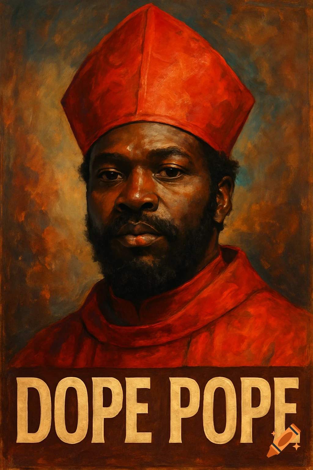 A painted portrait of a Black man in red religious attire with the words DOPE POPE at the bottom ...