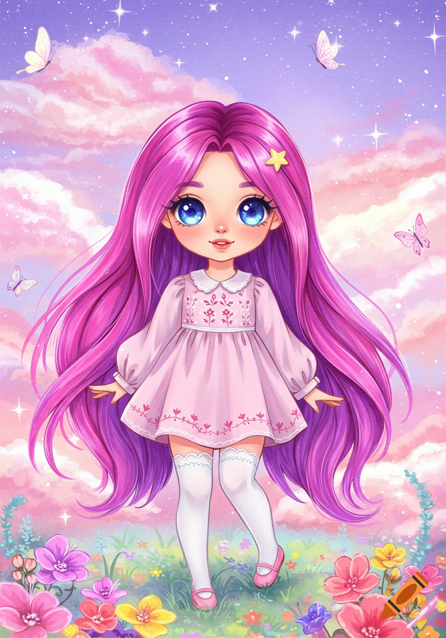 Cute chibi girl with purple hair in a pink dress in a field of flowers ...