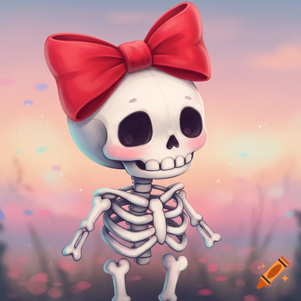 A cute cartoon skeleton with a large red bow stands in a blurry field ...
