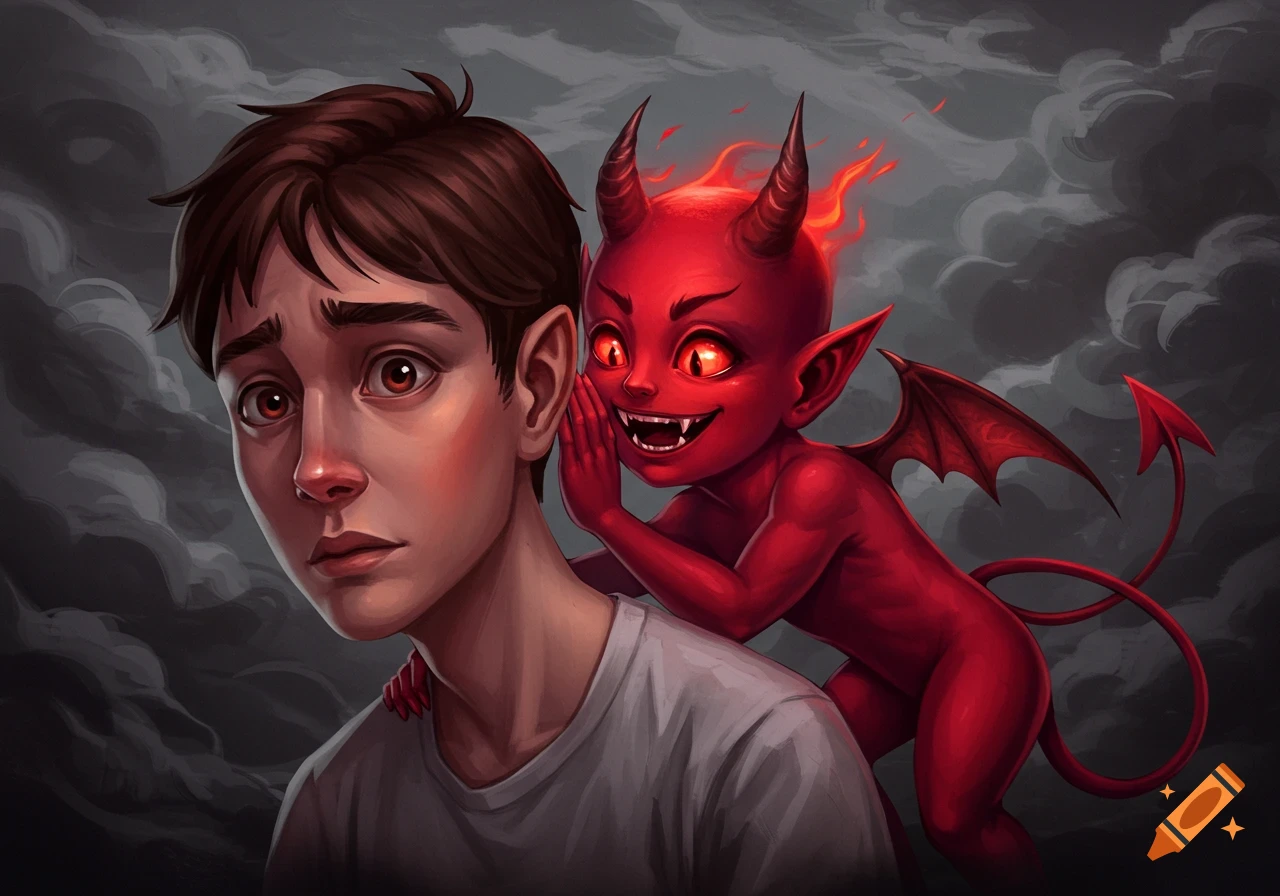 Young man looks scared as a small red devil whispers in his ear. on Craiyon