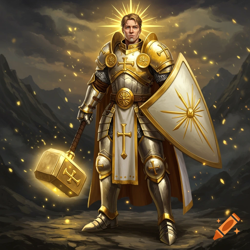A divine paladin in ornate golden and silver armor stands with a ...