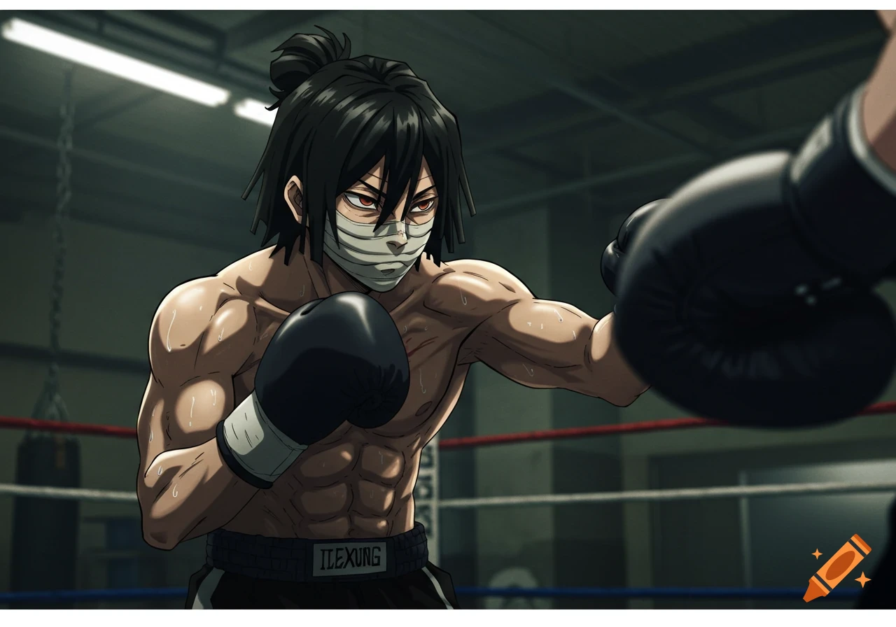 An anime-style boxer with black hair and a mask throws a punch in a ...