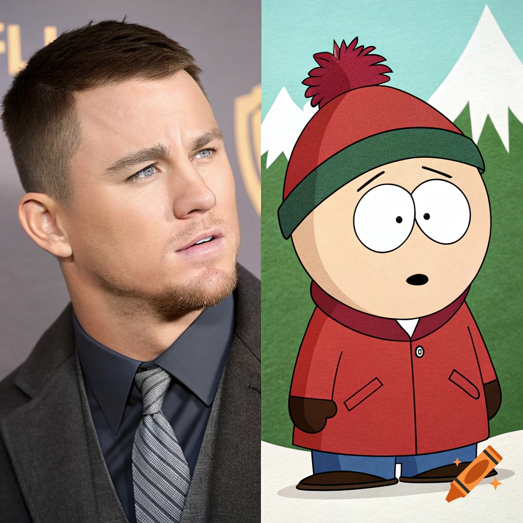 Split image of Channing Tatum and a South Park cartoon character ...
