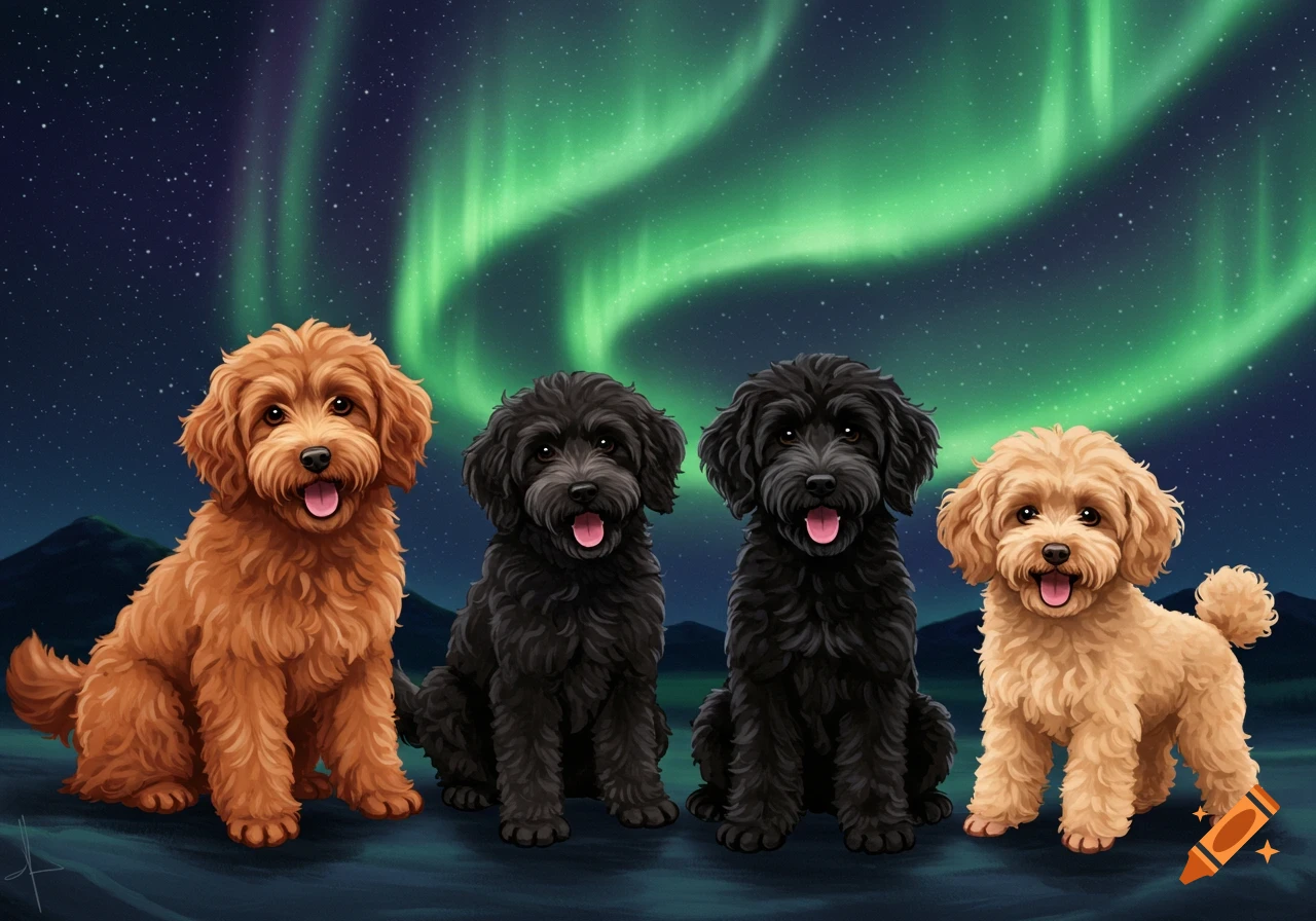 Four fluffy dogs sit under a green aurora borealis in a night sky. on ...