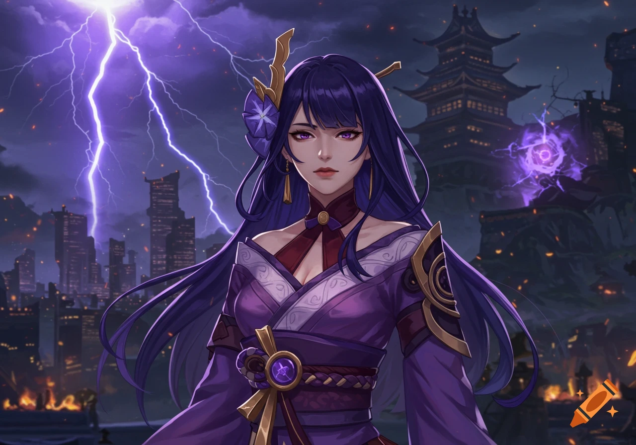 Raiden Shogun with purple hair stands against a stormy, lightning ...
