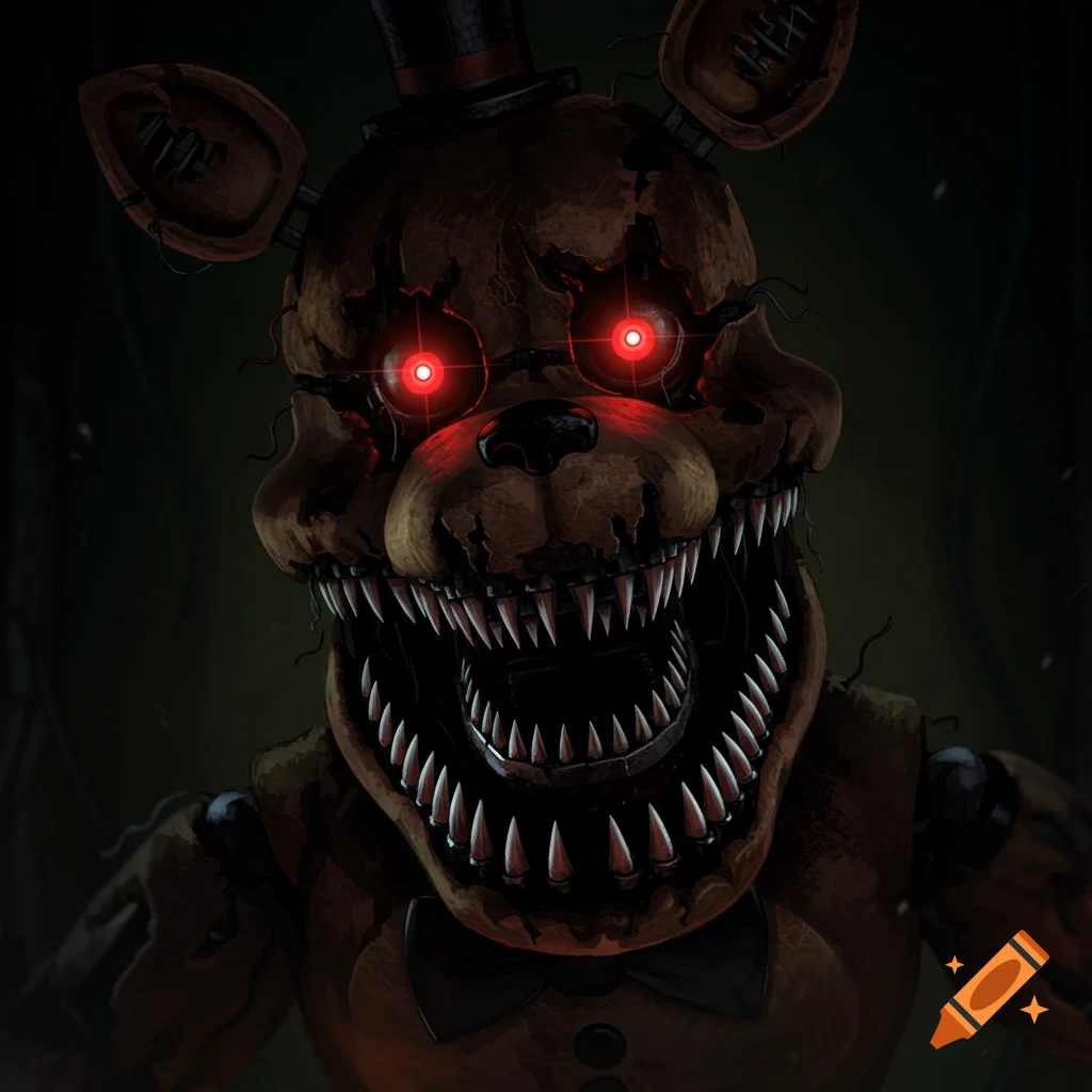 Close-up of a terrifying animatronic bear with glowing red eyes and ...