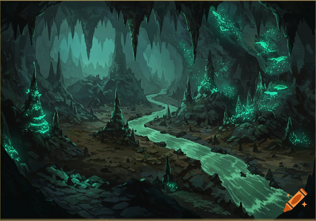 Fantasy illustration of a dark cave with a green river and glowing teal ...