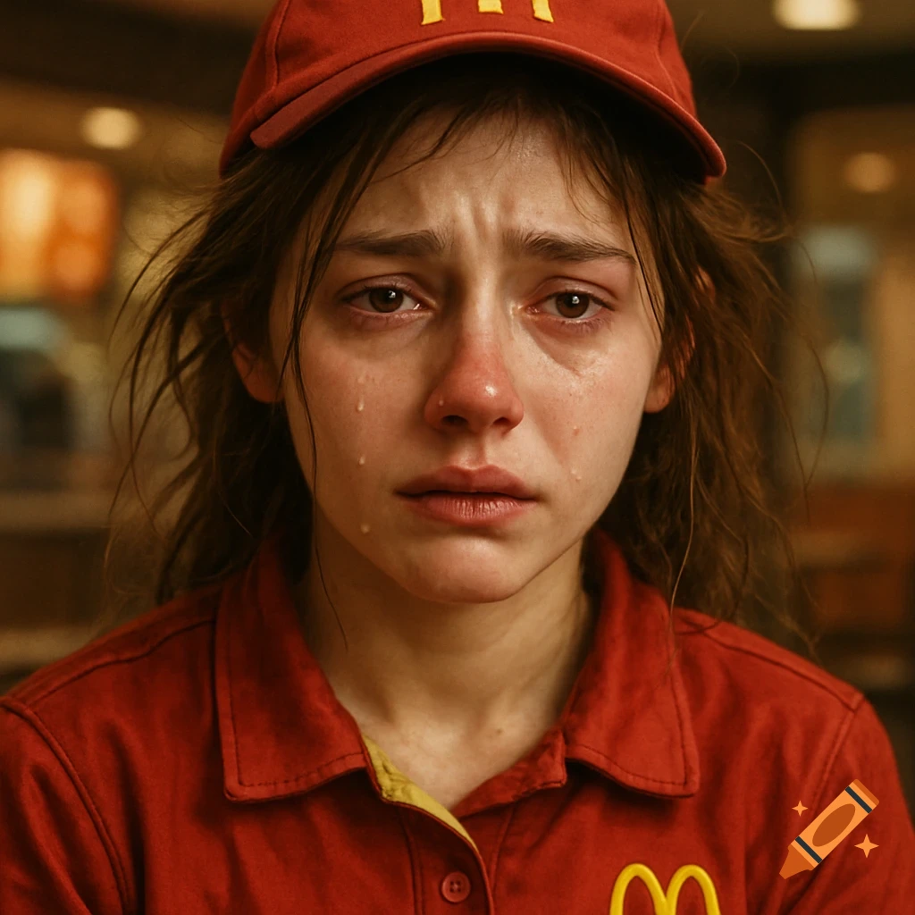 A realistic portrait of a young woman in a red uniform crying with ...