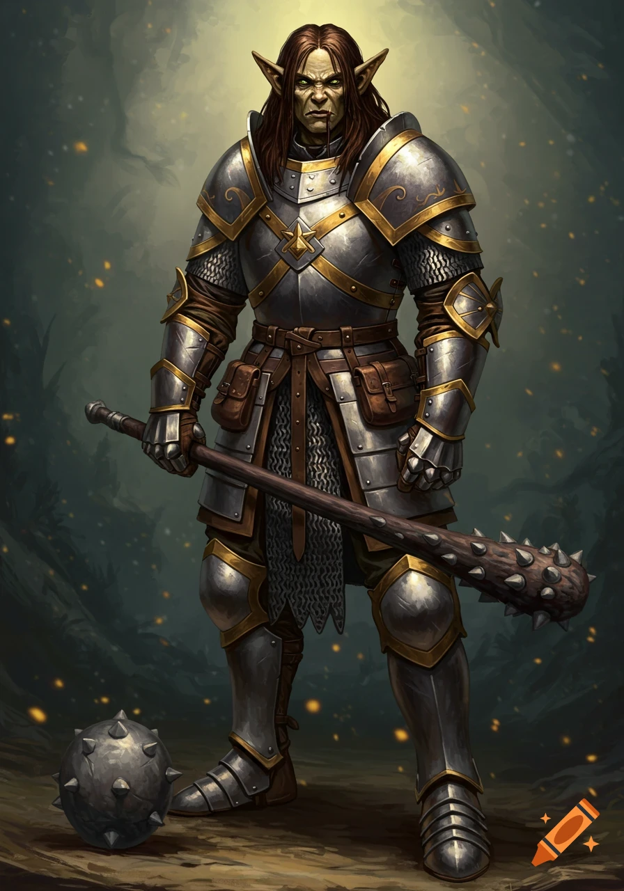 A fantasy character in full plate armor holds a spiked club, standing ...