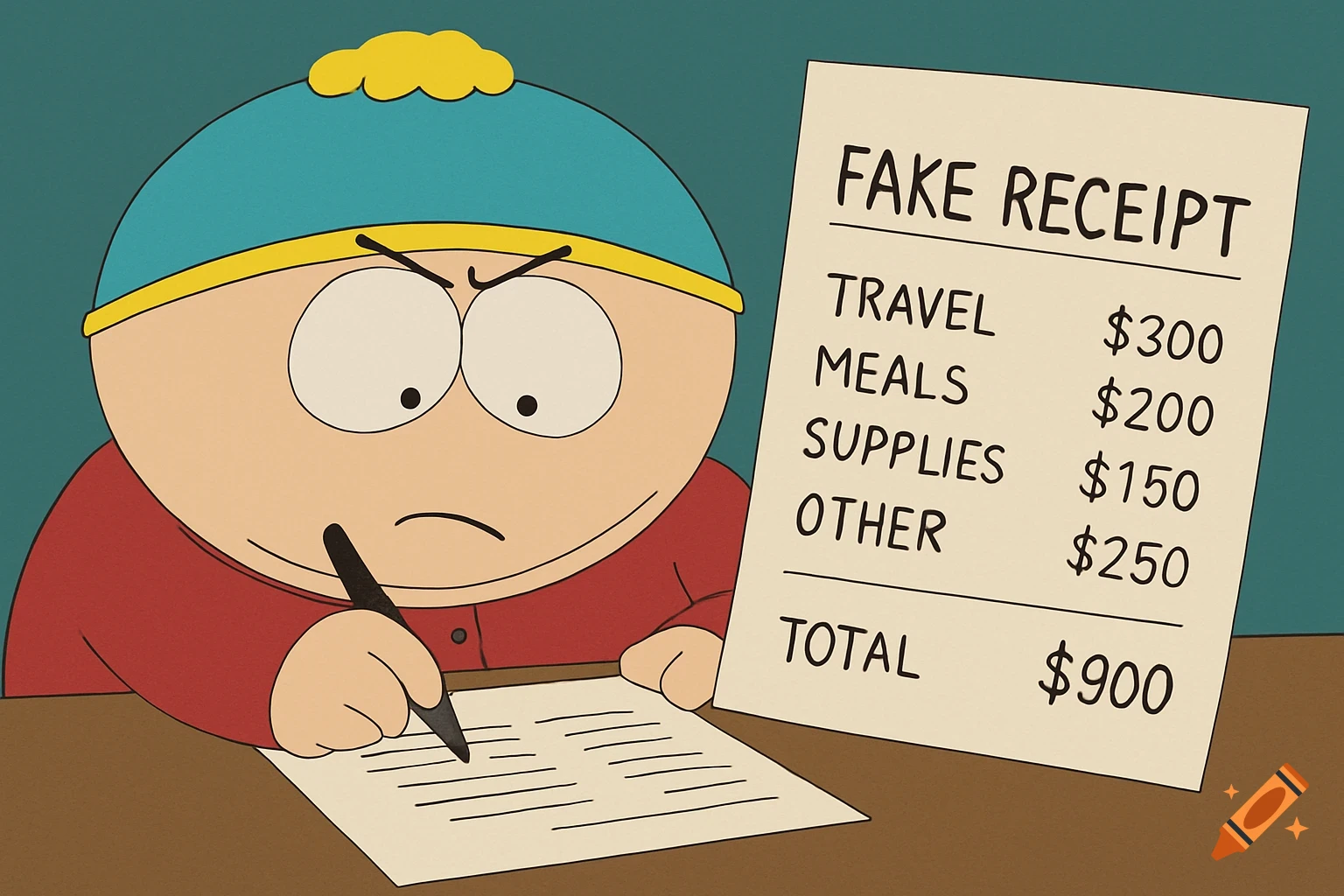 Cartman from South Park making a fake expense receipt. on Craiyon