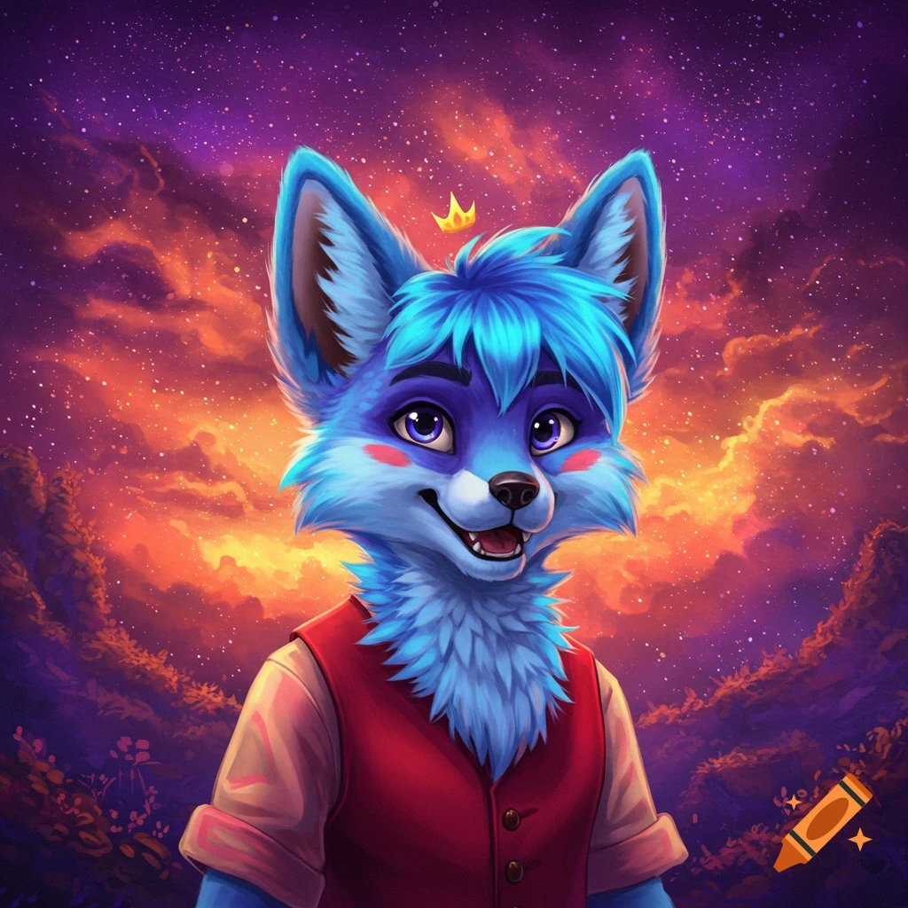 Blue furry character in a red vest with a small crown under a vibrant ...