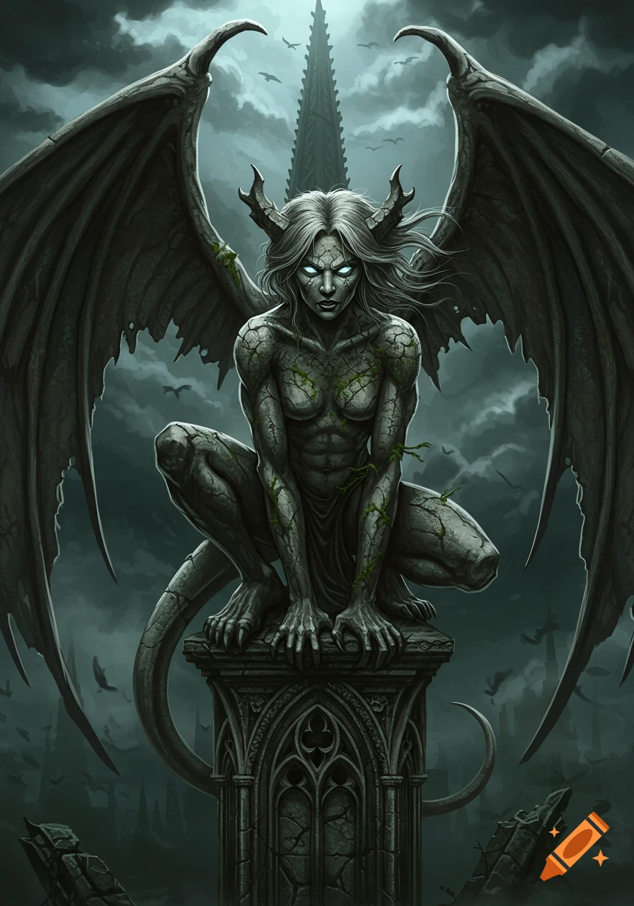 Stone female gargoyle perched on a gothic column, wings spread, glowing ...