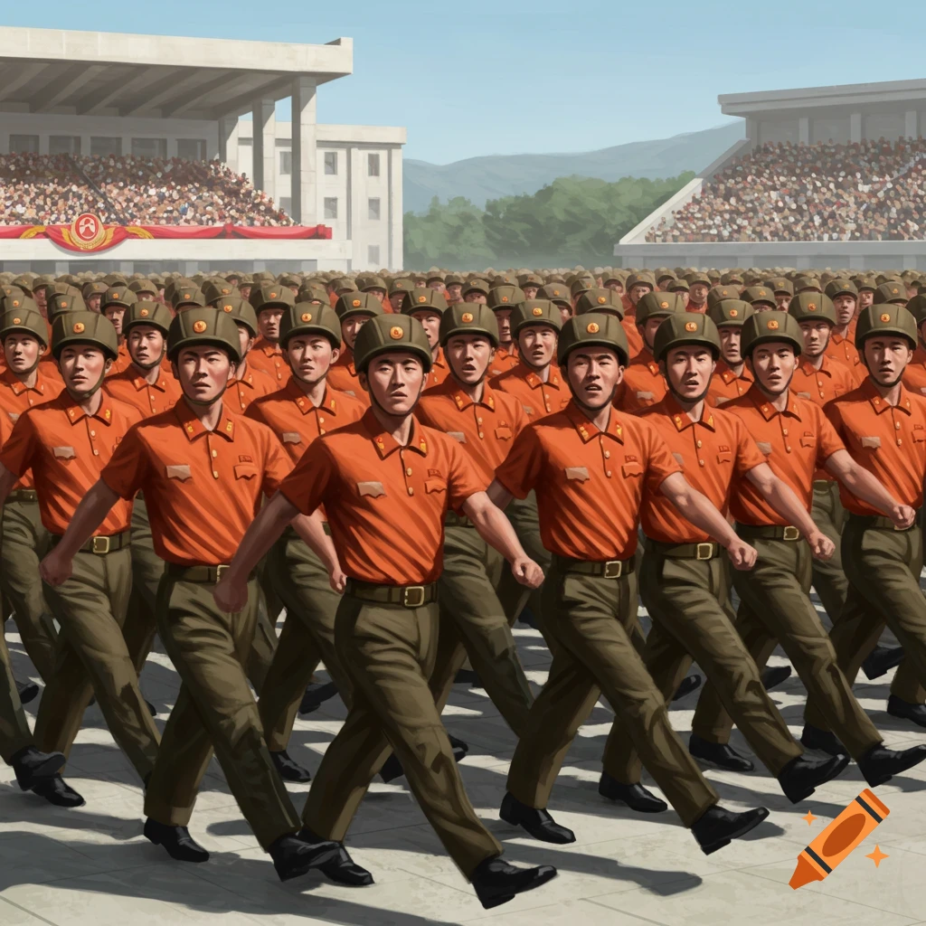 Men in orange shirts and helmets march in formation past a crowded grandstand. on Craiyon