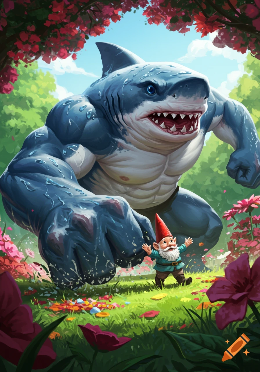 A huge, muscular shark-man stands over a small gnome in a colorful ...