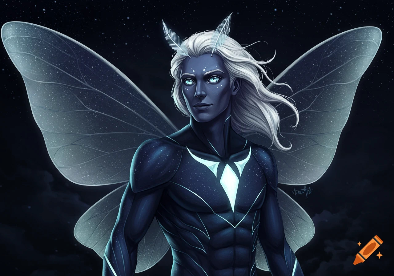Fantasy superhero character with moth wings and antennae against a ...