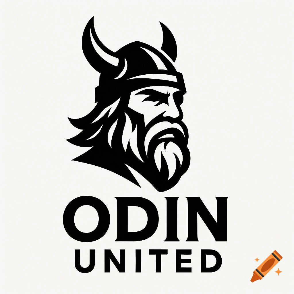 Black and white logo featuring a stylized head of Odin wearing a horned ...