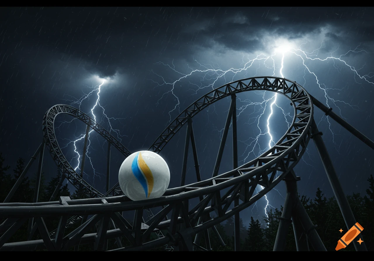 A marble sits on a rollercoaster track during a lightning storm. on Craiyon