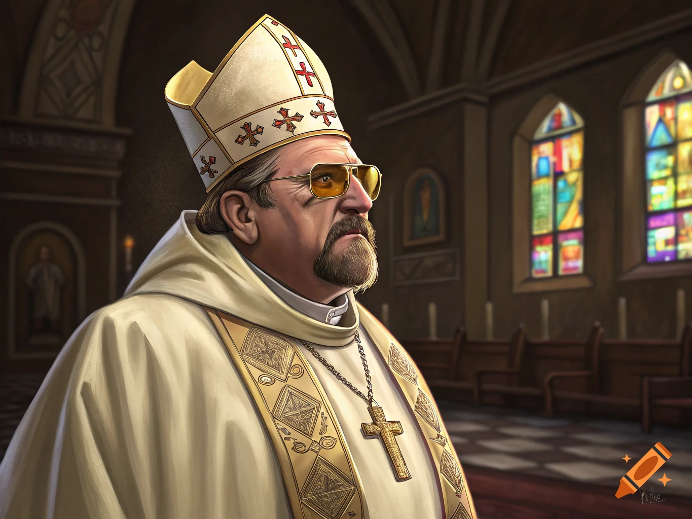 Portrait of a man resembling Walter Sobchak dressed as the Pope in a ...