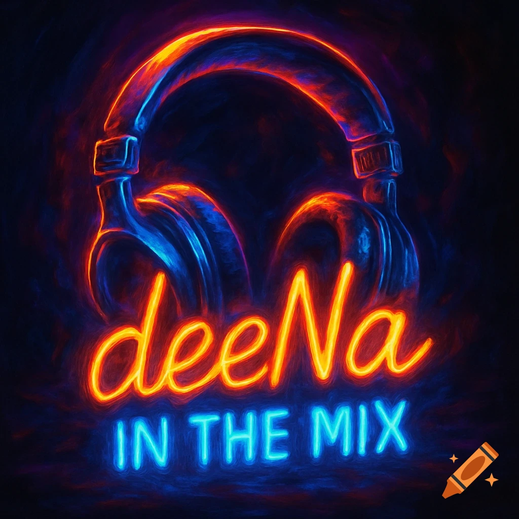 Neon glowing DJ headphones with text deeNa IN THE MIX in red and blue ...