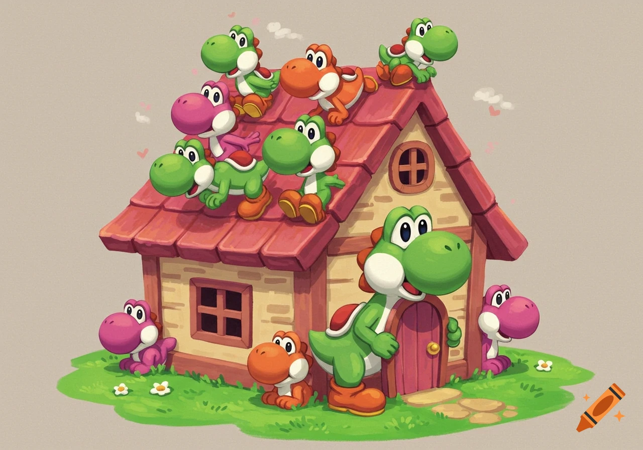 Many colorful Yoshi characters are on and around a small house in a ...