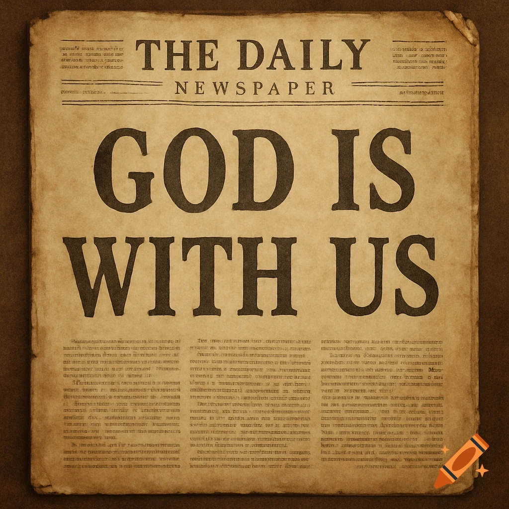 Aged newspaper with the front page headline "God is with us". on Craiyon