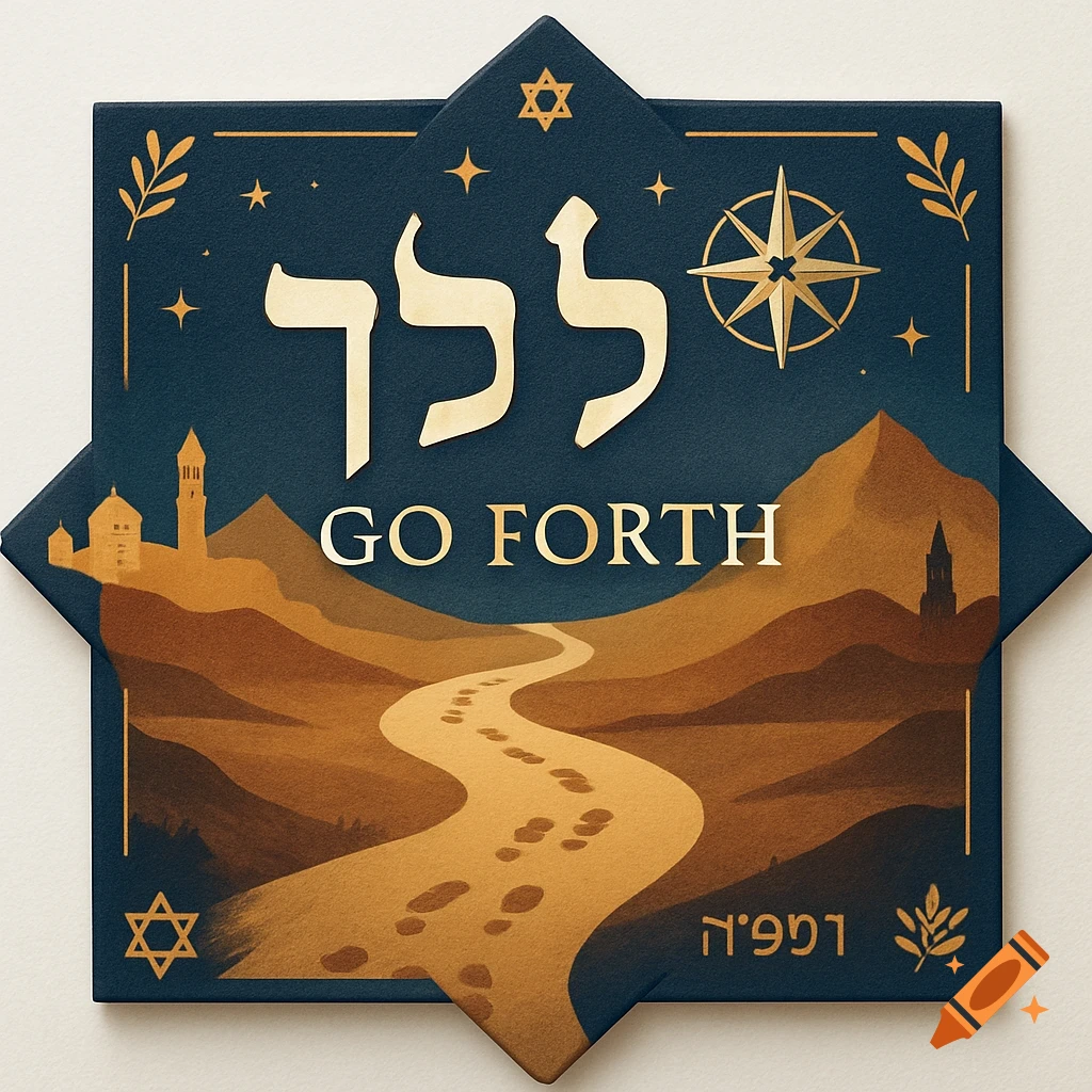 Stylized illustration with Hebrew and English 'GO FORTH' text, a path ...