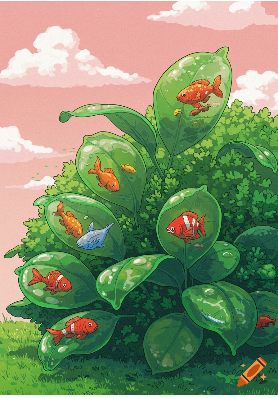 Illustration of a bush with fish inside its leaves under a pink sky on ...