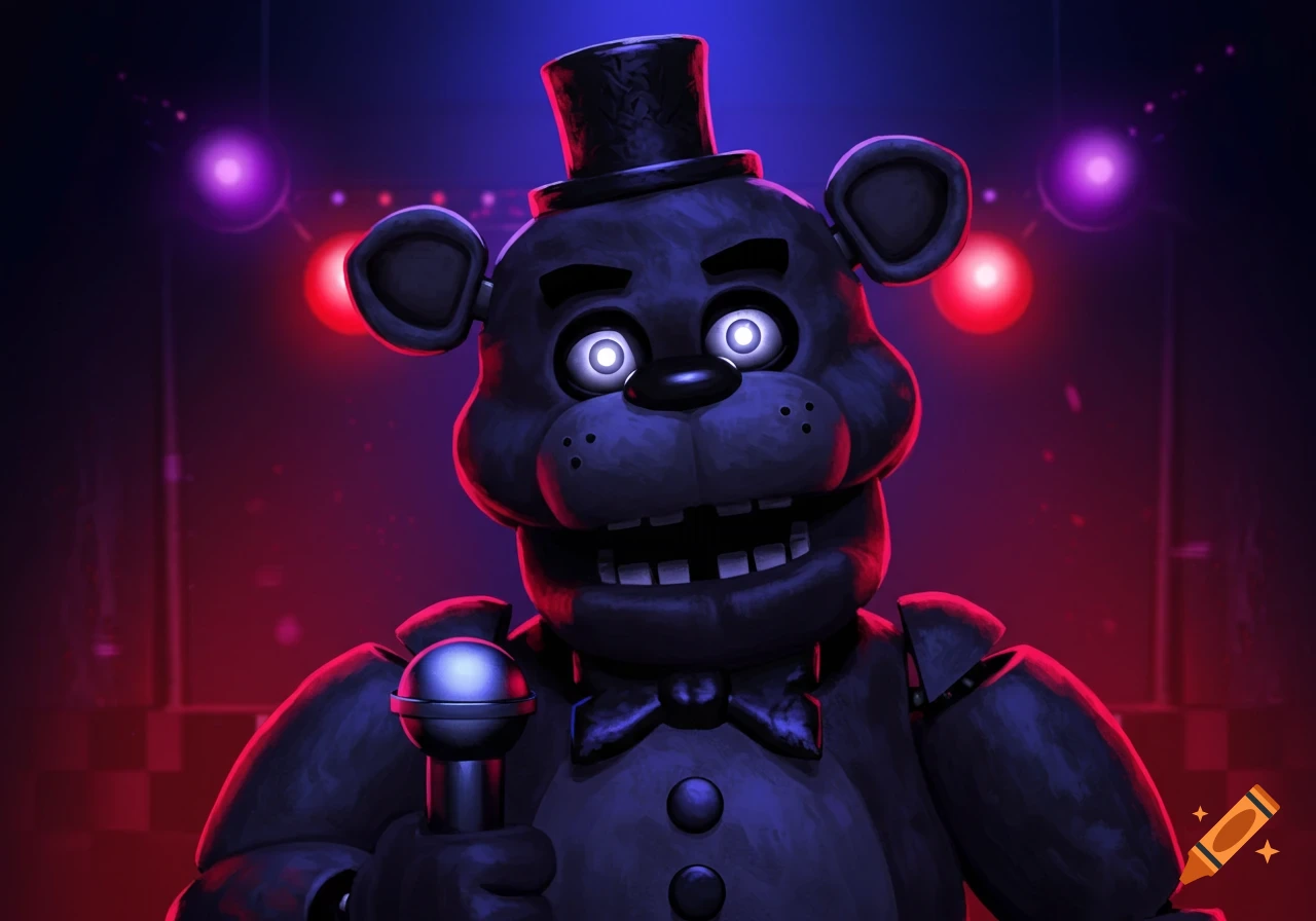 Dark animatronic bear in a top hat holding a microphone on a stage with ...