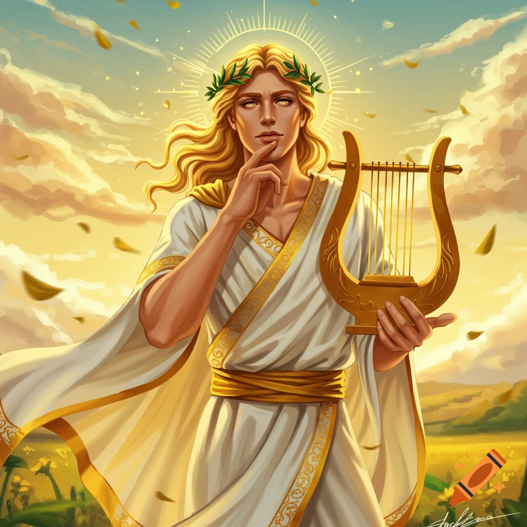 Illustration of Apollo holding a golden lyre under a sunny sky, golden ...
