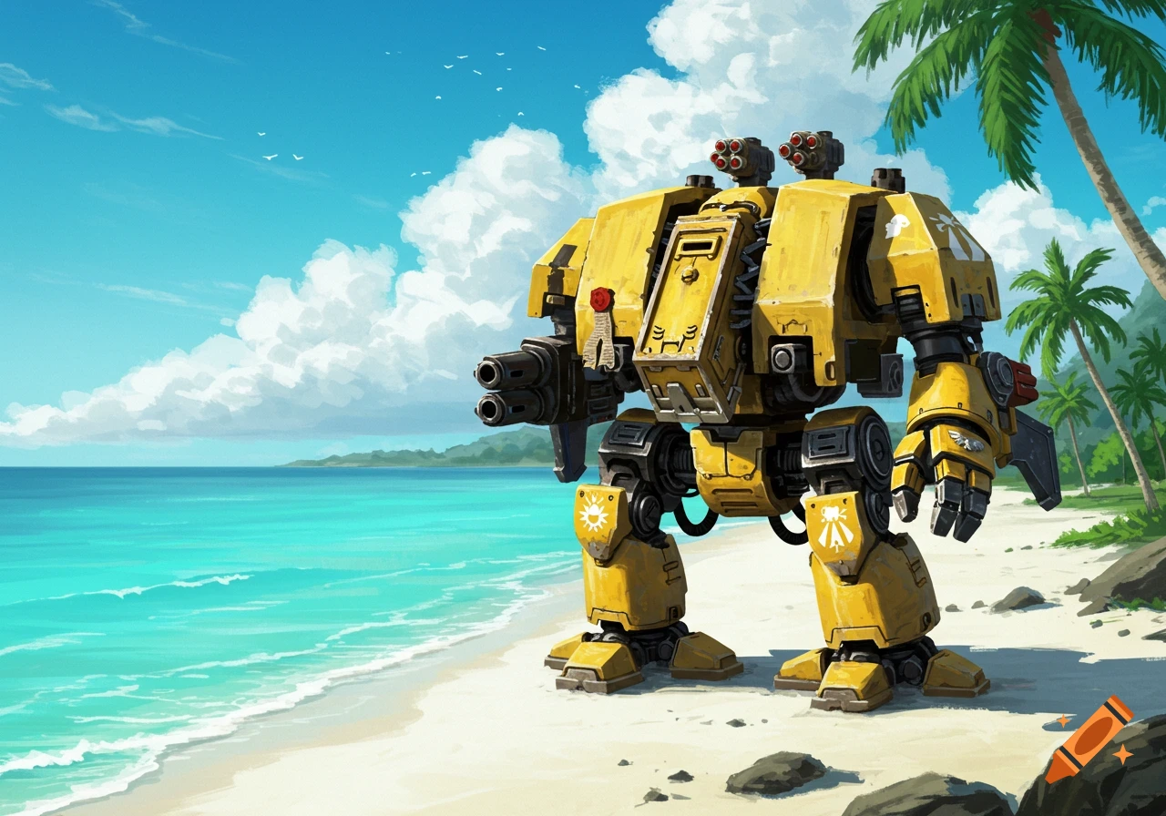 A large yellow robot stands on a sandy beach with palm trees and the ocean. on Craiyon