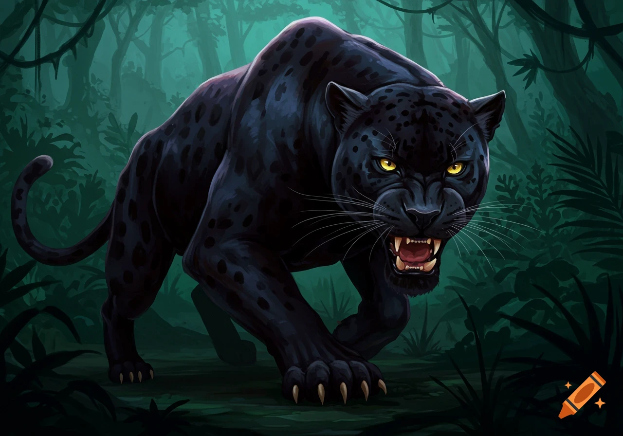 Illustration of an aggressive black panther snarling in a dark jungle ...