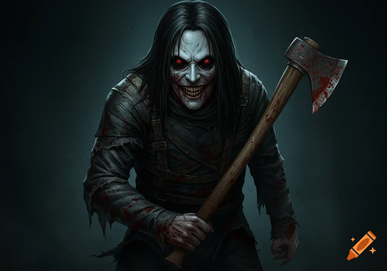 Creepy slasher figure with glowing red eyes and bloody axe. on Craiyon